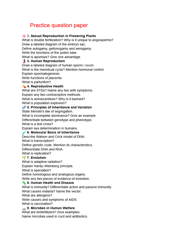 Practice Questions Class 12 Biology | PDF