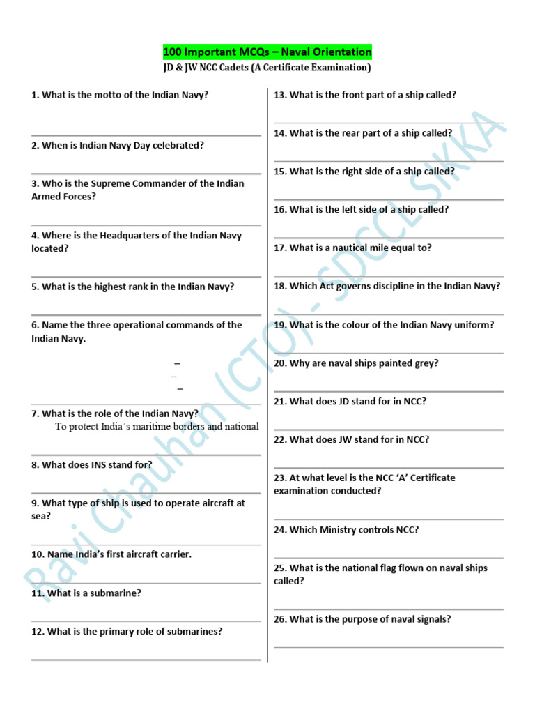NCC_A_Certificate MCQ With Answers | PDF | Knot | Navigation