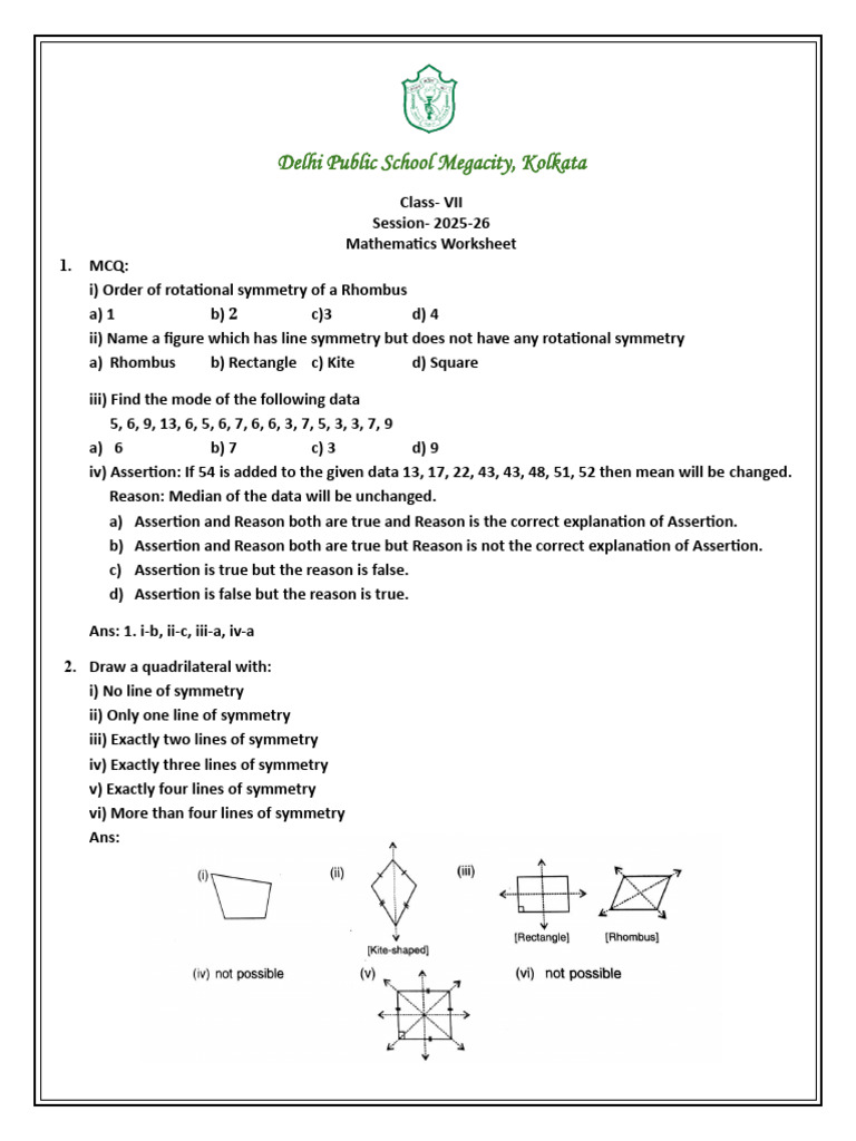 Class 7 Worksheet (Construction, Symmetry, Data Handling) | PDF | Mean ...