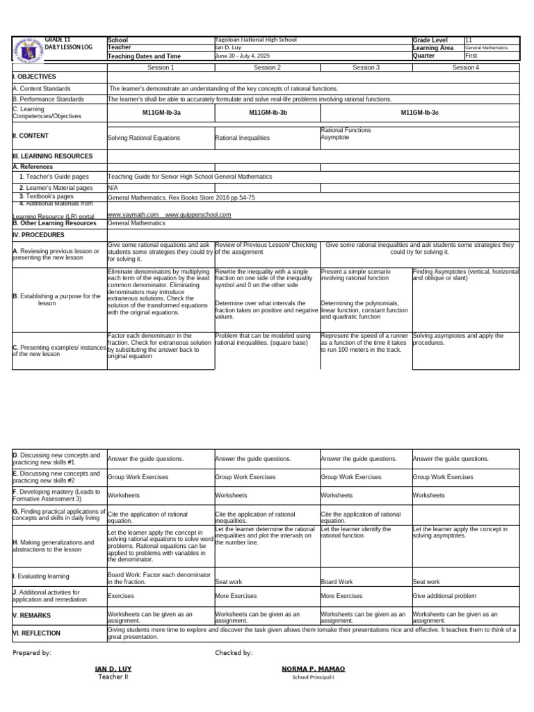 General Math DLL for SHS Q1 Week 03 | PDF | Equations | Asymptote