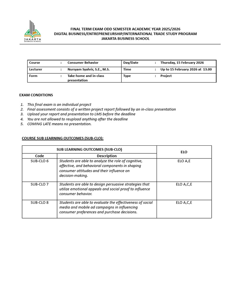 Final Exam Consumer Behavior 15 January 2026 | PDF | Consumer Behaviour | Behavior