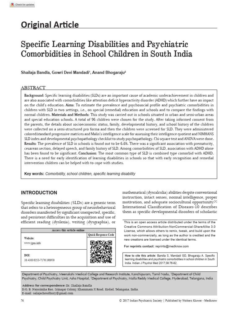 Bandla Et Al 2017 Specific Learning Disabilities and Psychiatric ...