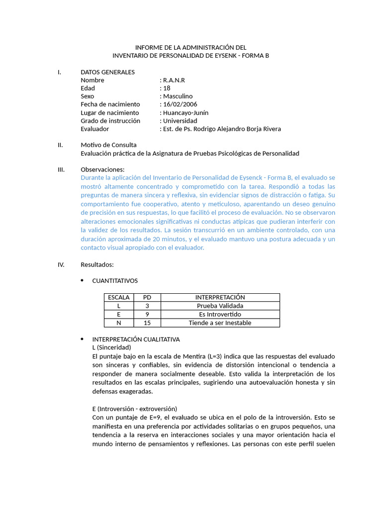 Informe Del Eysenck Forma B (Borja Rivera Rodrigo Alejandro) | PDF ...