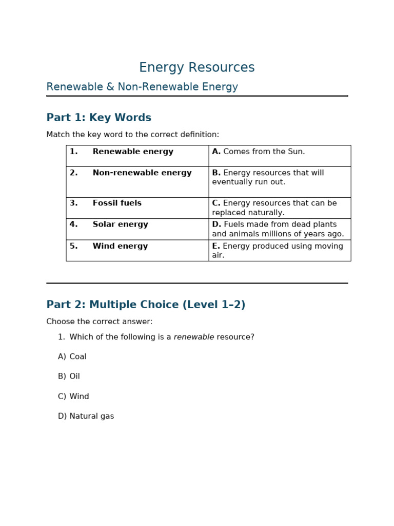 Energy Resources Worksheet | PDF