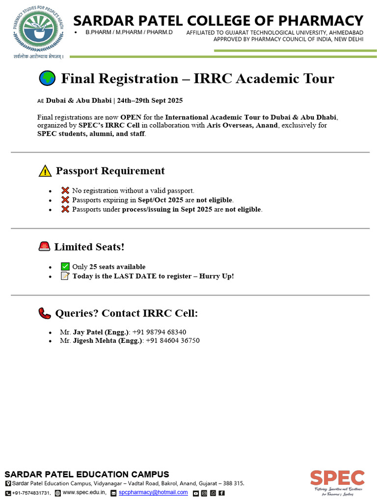 Final Registration - IRRC Academic Tour | PDF | Pharmacy | Academic Degree