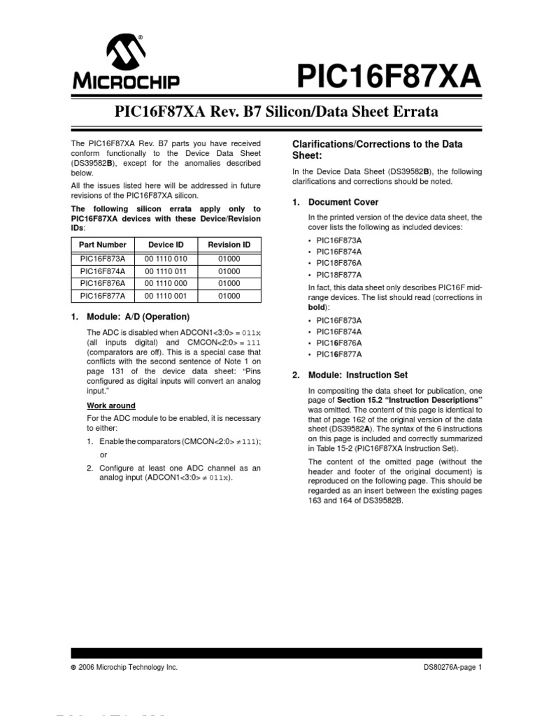 PIC16F87XA Rev. B7 Silicon/Data Sheet Errata | PDF | Pic Microcontroller | Analog To Digital ...