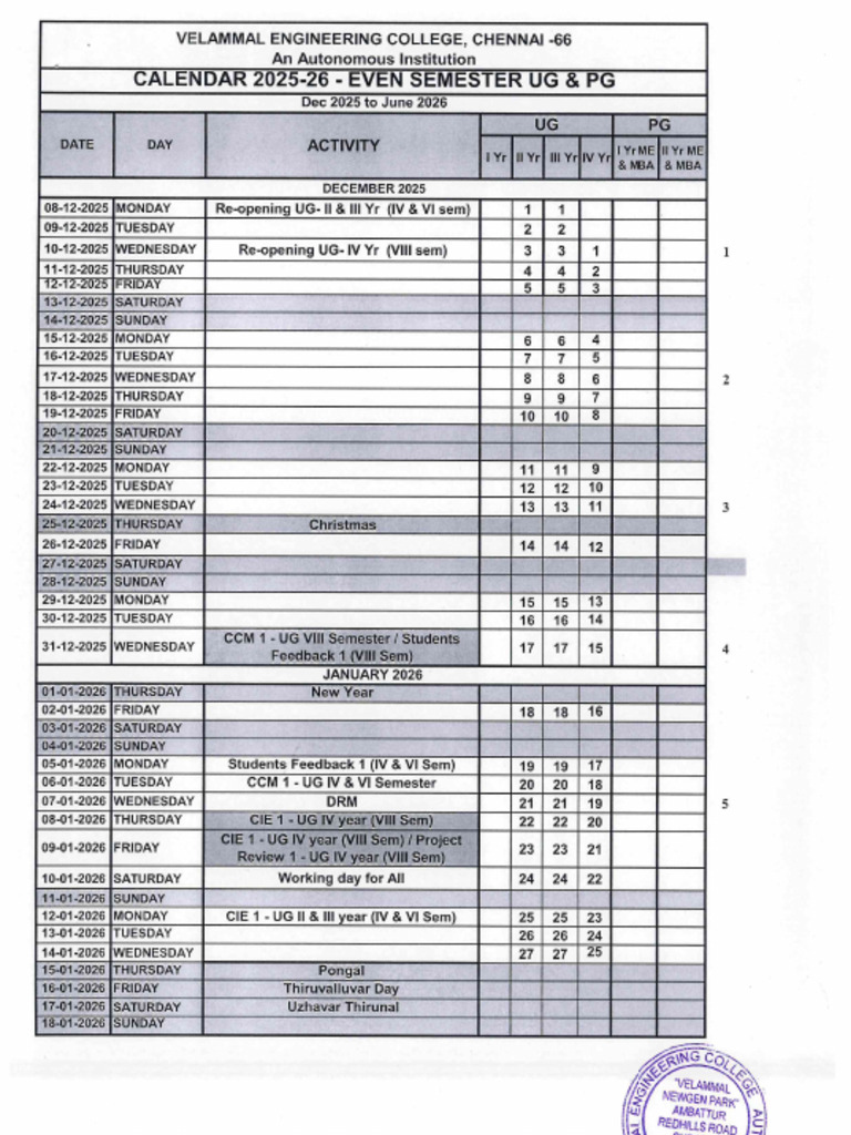 Academic Calendar 2025-26 Even Semester- Ug i,II,III & IV Year | PDF
