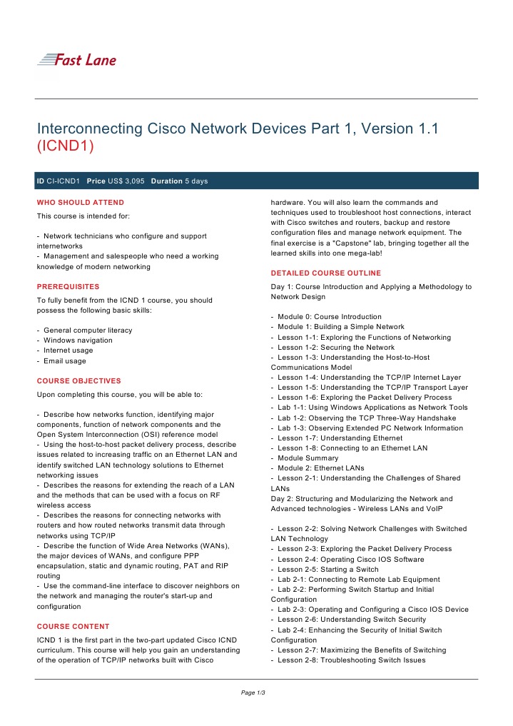 Interconnecting Cisco Network Devices Part 1, Version 1.1 (ICND1) | PDF | Router (Computing ...