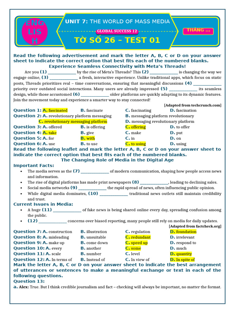 Tờ Số 26 Test 01 Unit 7 the World of Mass Media | PDF | News | Social Media