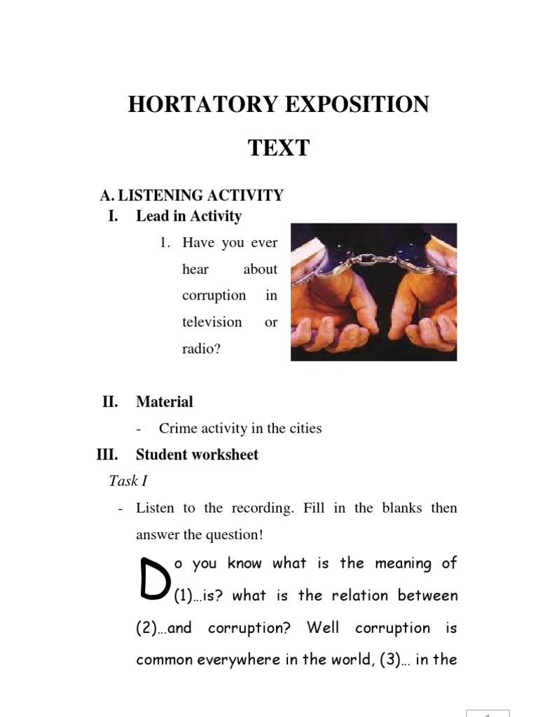 Hortatory Exposition Text: A. Listening Activity I. Lead in Activity ...