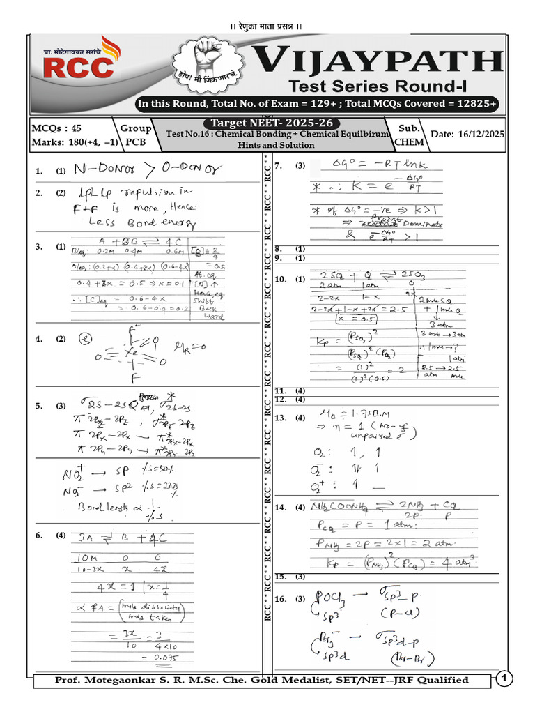 16 - Chemical Bonding + Chemical Equilibrium 16-12-2025 Solution | PDF ...