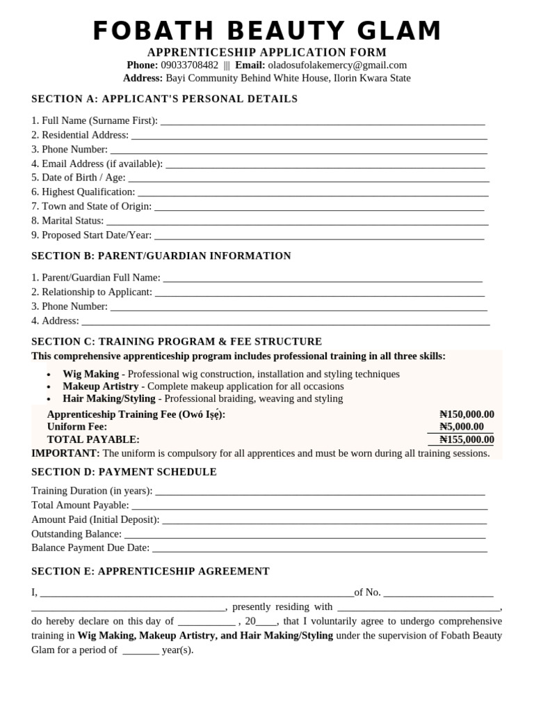 Fobath Beauty Glam Apprenticeship Application Form | PDF | Surety ...