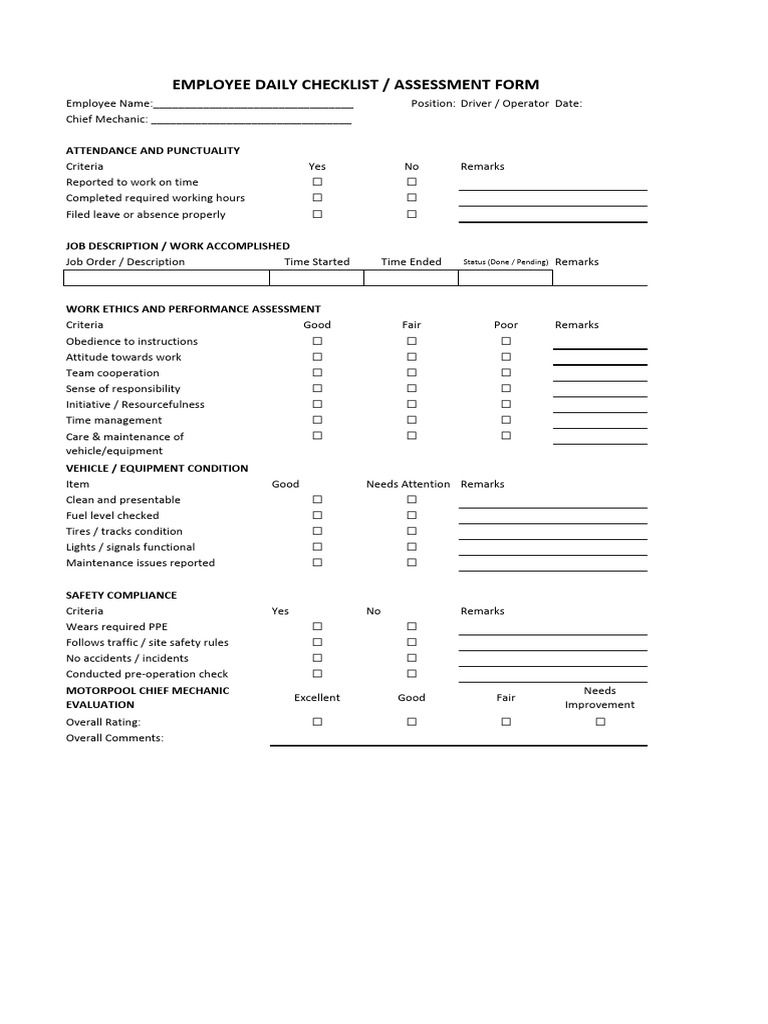 Employee Daily Checklist Assessment | PDF