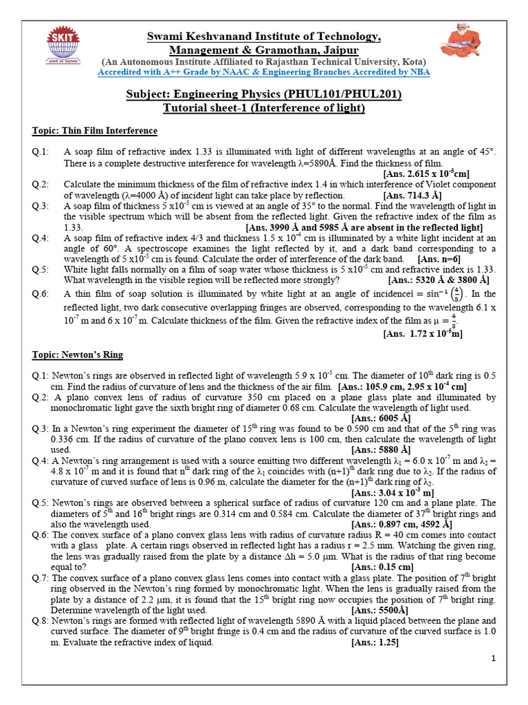 Tutorial Sheet 1 - Interference of Light | PDF | Interferometry ...