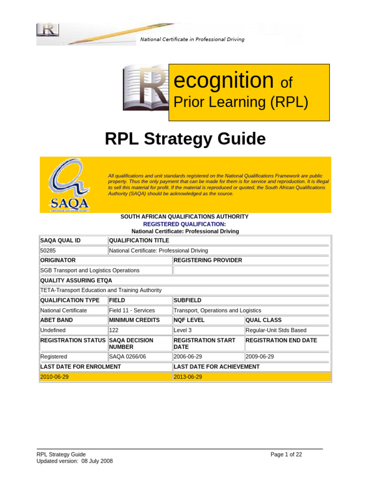 RPL Strategy Final Updated 08jul 08 | PDF | Educational Assessment