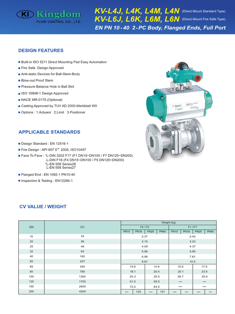Ball Valve Kingdom Kv l6n 6k Din Flanged Full Bore Data Sheet | PDF ...
