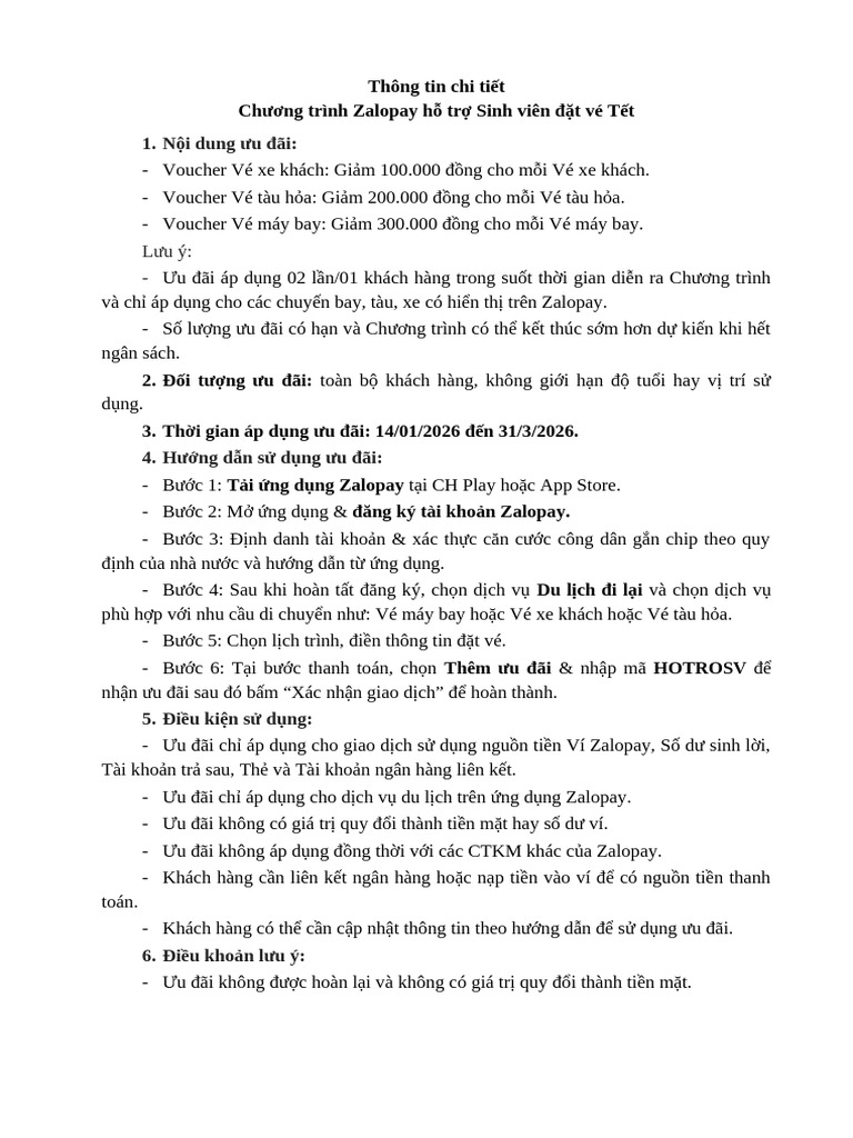 Zalopay_CTKM Chuong trinh ho tro sinh vien dat ve Tet | PDF