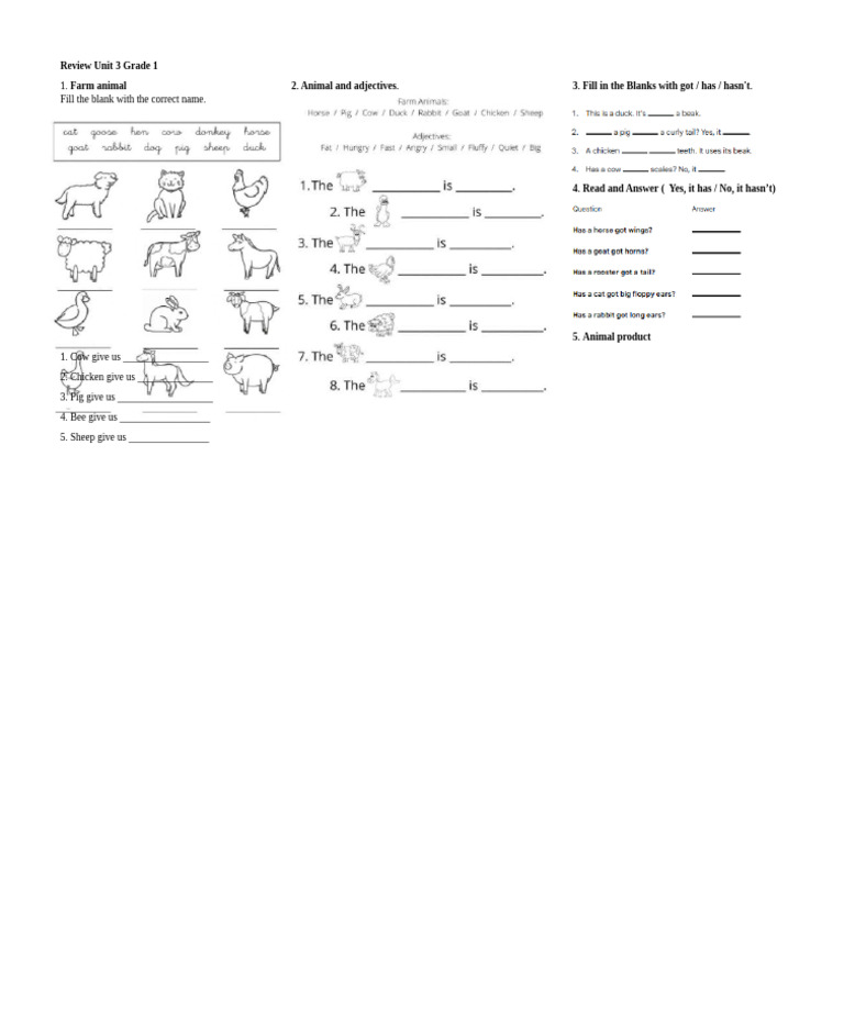 Review Unit 3 Grade 1 | PDF