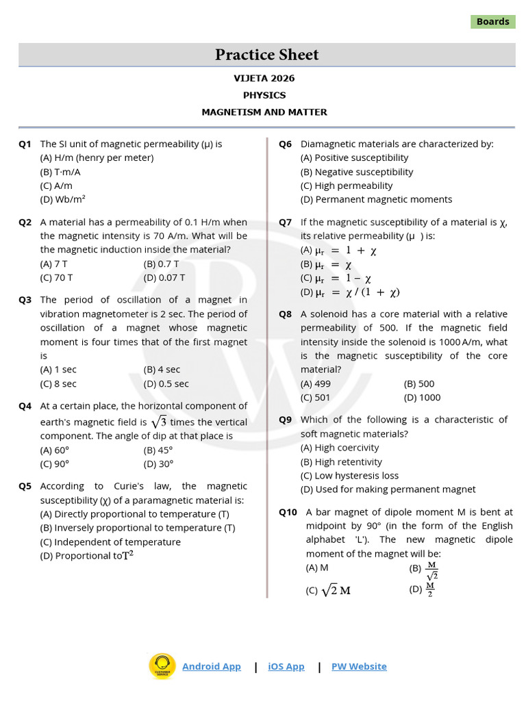 Magnetism and Matter - Practice Sheet | PDF | Magnet | Applied And ...