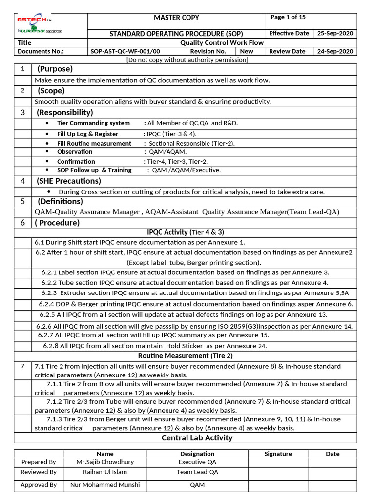 SOP For Quality Control Work Flow | PDF | Business Process | Quality