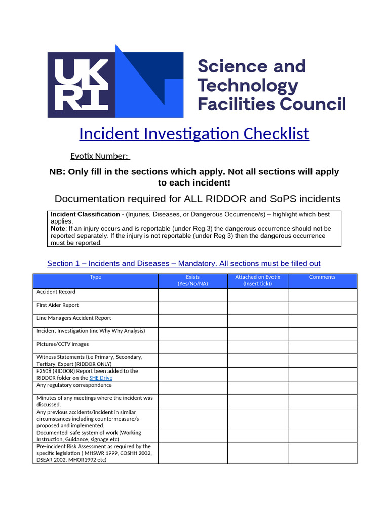 STFC Incident Investigation Checklist For Riddor and SOPs Incidents ...