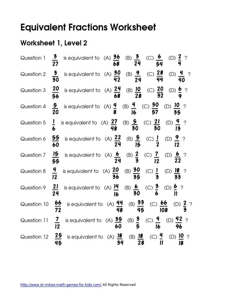 Equivalent Fractions Worksheets Level 2 (2) | PDF