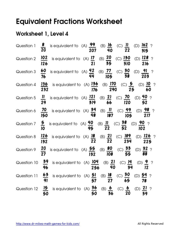 Equivalent Fractions Worksheets Level 4 | PDF