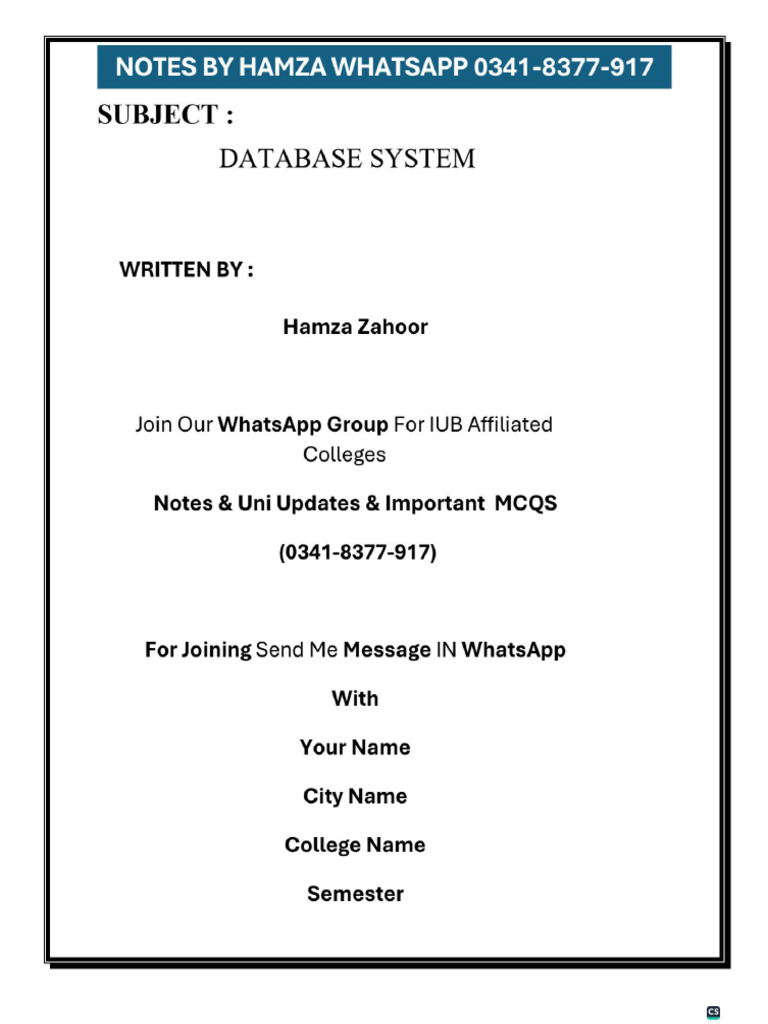 Database System Notes - Hamza | PDF