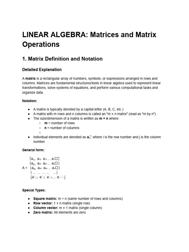 Linear Algebra - Matrices and Matrix Operations - Theory (1) | PDF | Matrix (Mathematics ...