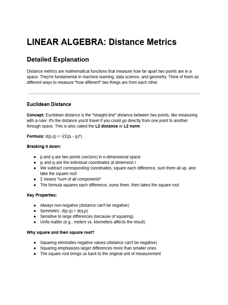 Linear Algebra - Distance Metrics - Theory | PDF | Distance | Euclidean ...