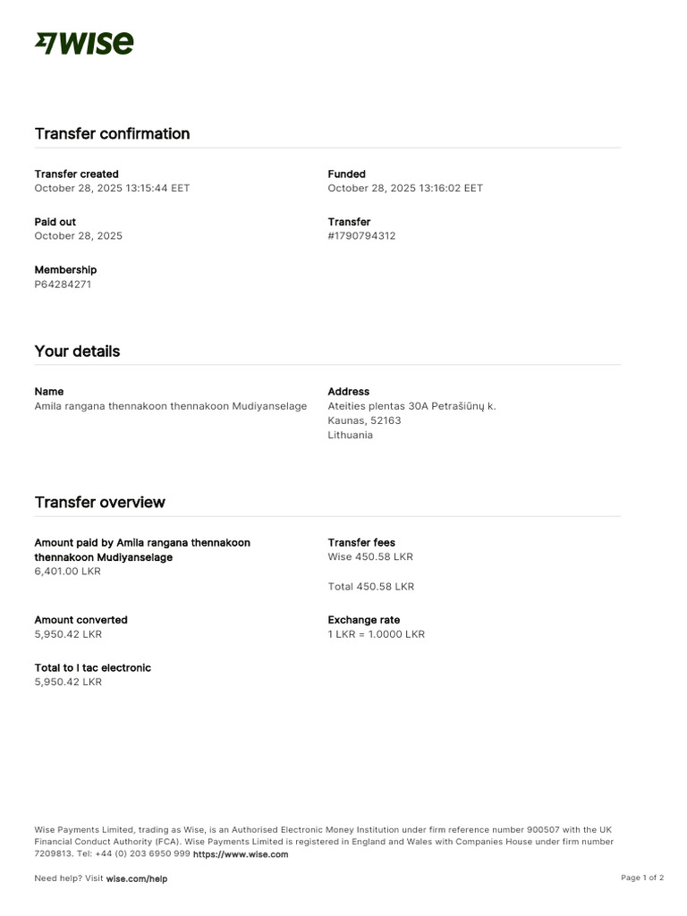 Wise Transfer Confirmation Transfer 1790794312 6637569655 En | PDF ...