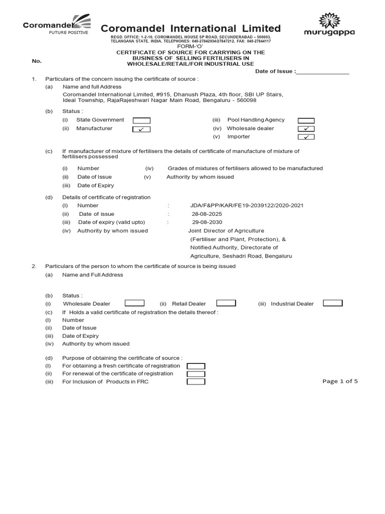 Karnataka Form 'O'_updated 11-11-2025 Latest | PDF | Fertilizer | Zinc
