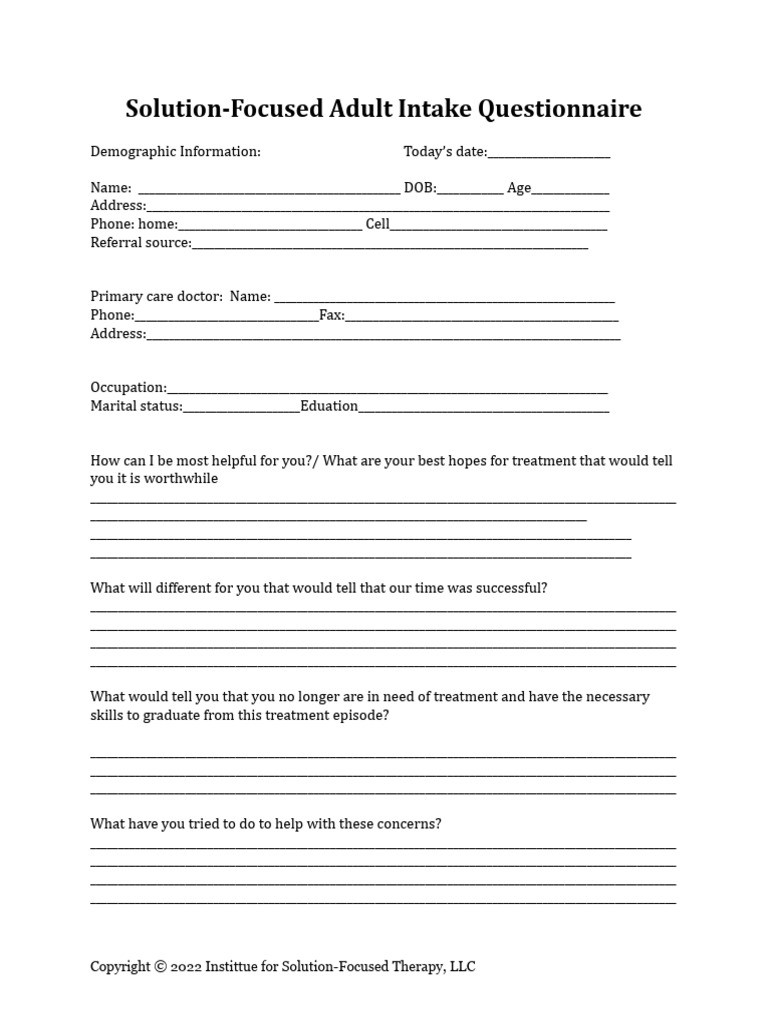 SFT Solution Focused Adult Intake Questionnaire | PDF | Mental Disorder ...