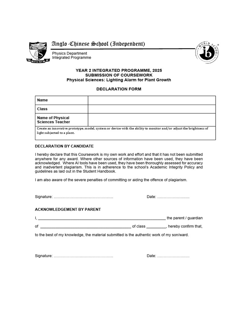 Coursework Declaration Form PSci Year 2 IP_edited (2025) | PDF