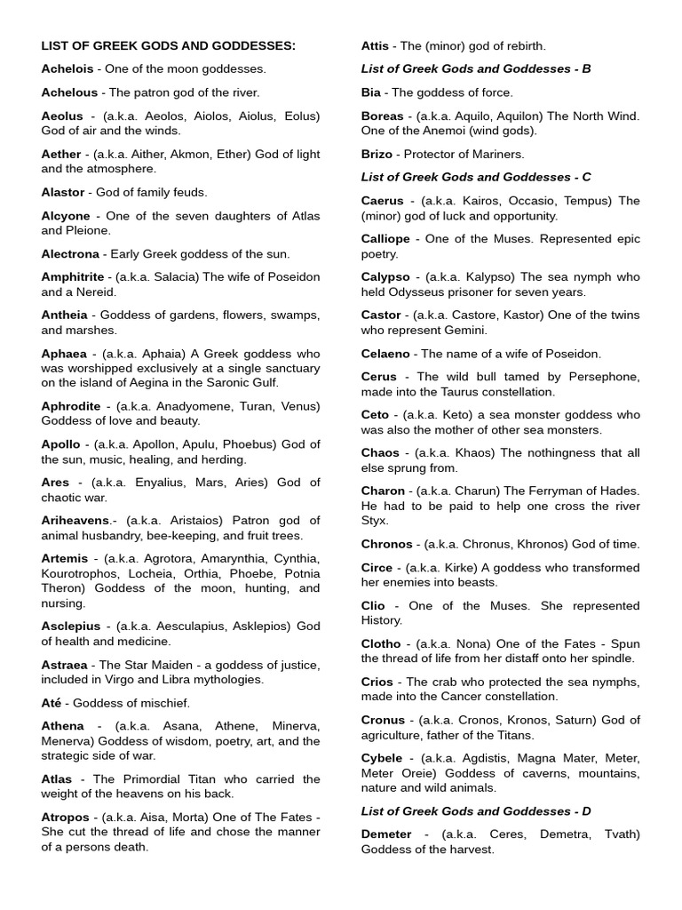 List of Greek Gods and Goddesses | PDF | Persephone | Dionysus