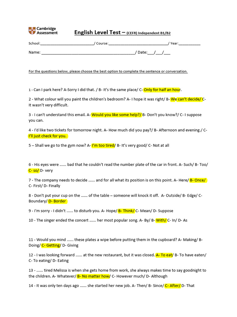 English Level Test - B1.B2 1 | PDF