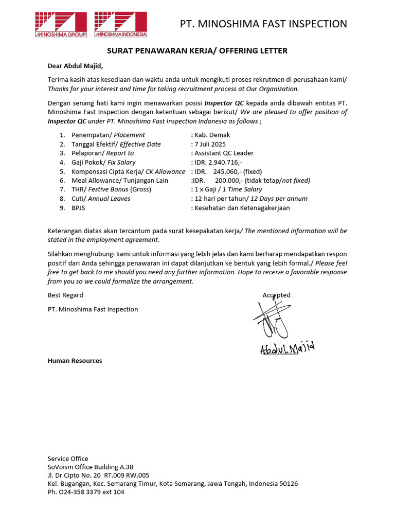 Offering Letter Abdul Majid | PDF