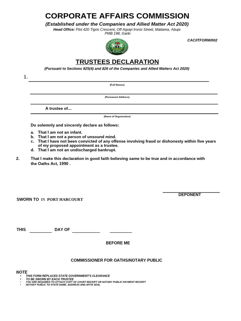 Sample of Trustee's Declaration Form | PDF