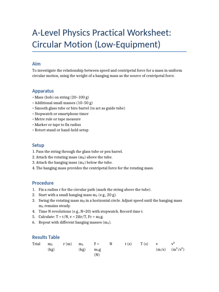 ZIMSEC Alevel Physics CircularMotion Lower6 Worksheet 102909 | PDF