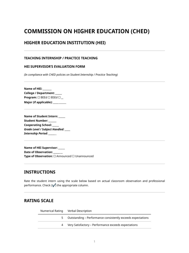 Ched-Style Hei Teaching Internship Evaluation Form | PDF | Learning ...