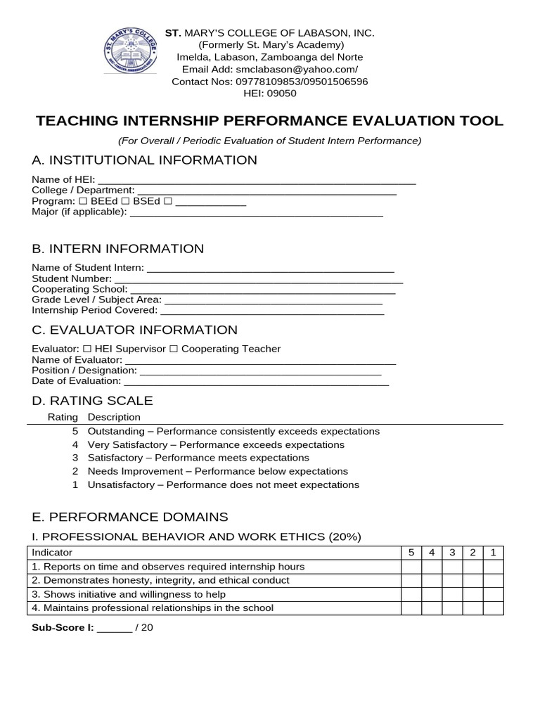 Teaching Internship Performance Evaluation Tool | PDF | Learning | Teachers