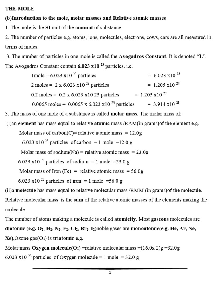 Form 3 - 13 The MOLE - Introduction To The Mole, Molar Masses and ...