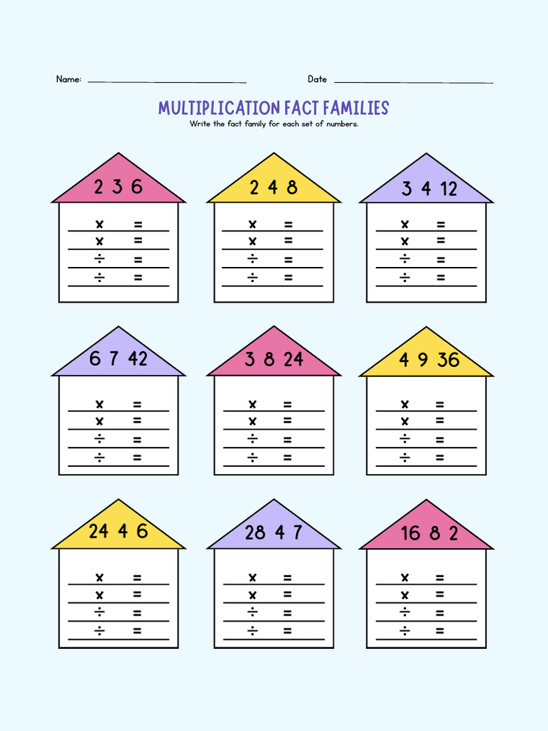 Multiplication Fact Families Worksheet in a Simple House Printable ...