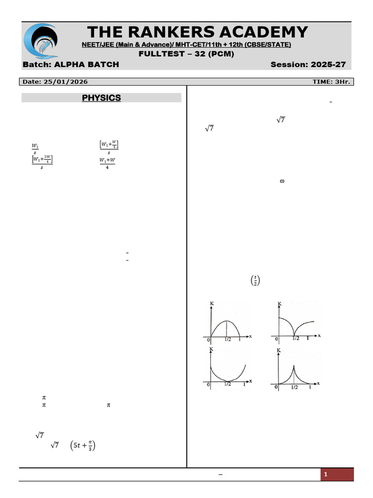 FULL TEST - 32 (PCM) JEE on 12th syllabus | PDF | Physical Quantities ...