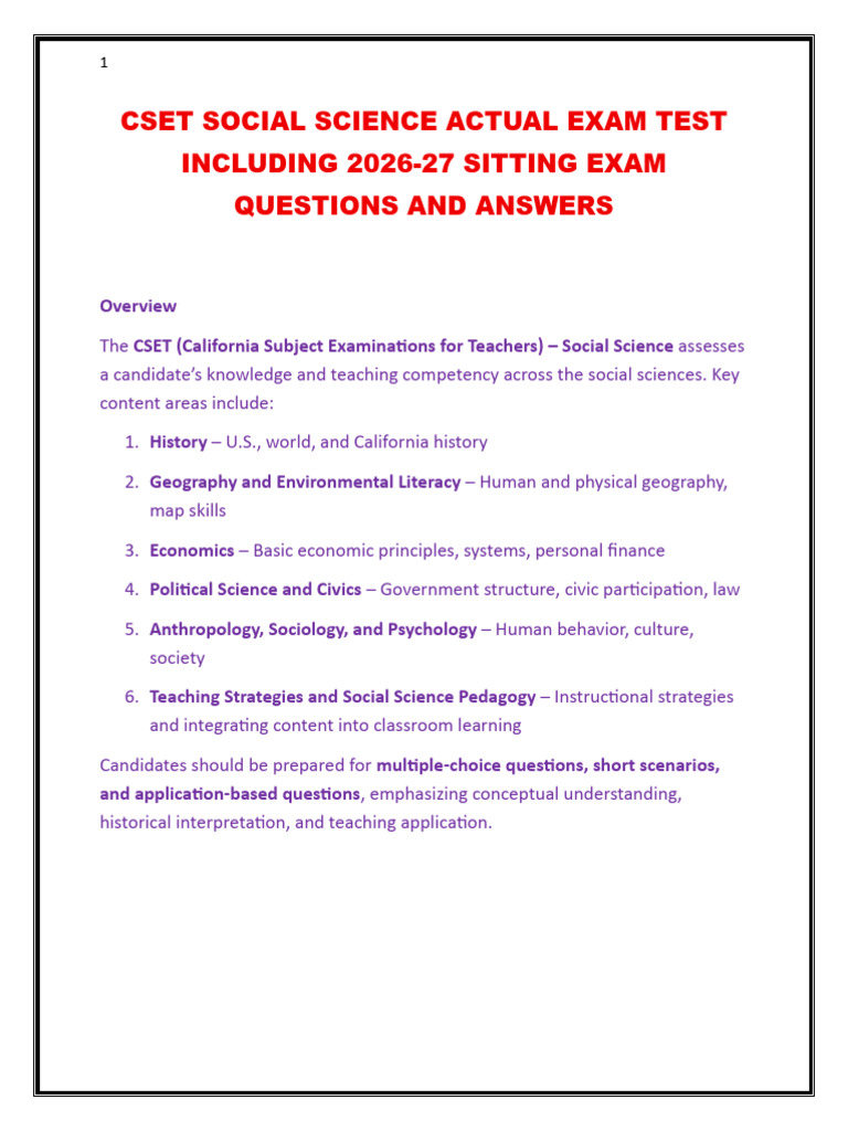 Cset Social Science Actual Exam Test Including 2026-27 Sitting Exam ...