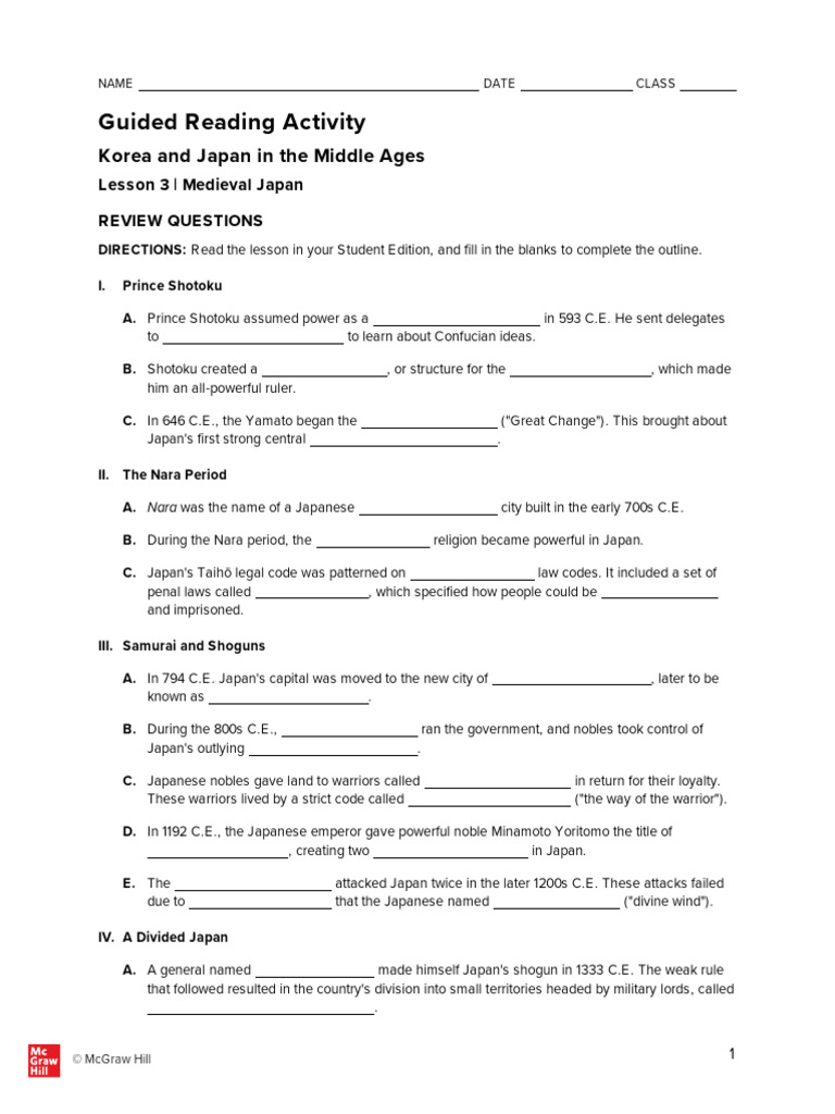 W2-3 Q3 G7 Homework Guided Reading Activity_ Medieval Japan | PDF ...