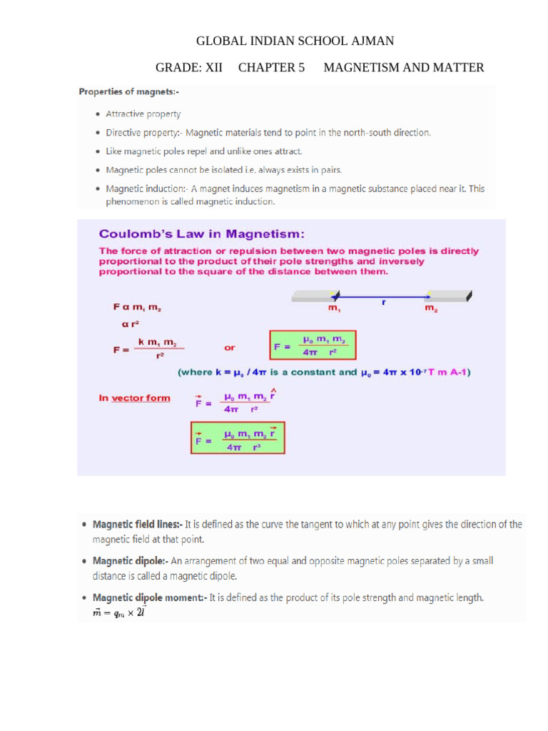 Grade 12 Chap 5 Magnetism and Matter Notes- Latest (2) | PDF