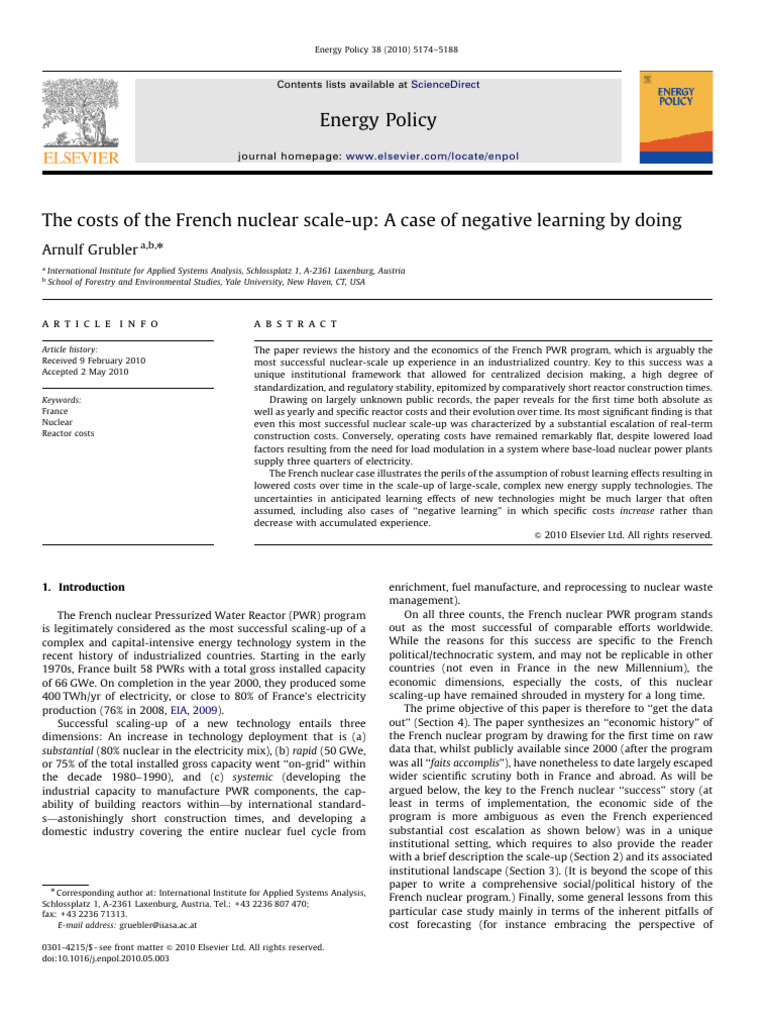 2010 - The Costs of The French Nuclear Scale-Up - A Case of Negative ...