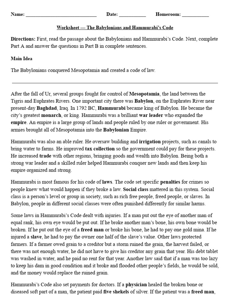 Worksheet — the Babylonians and Hammurabi’s Code | PDF | Hammurabi ...