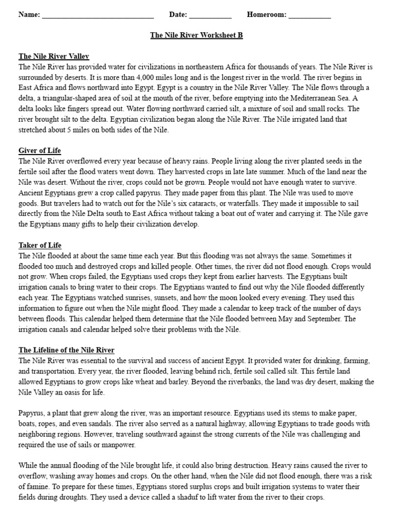 The Nile River Worksheet A | PDF | Nile | River